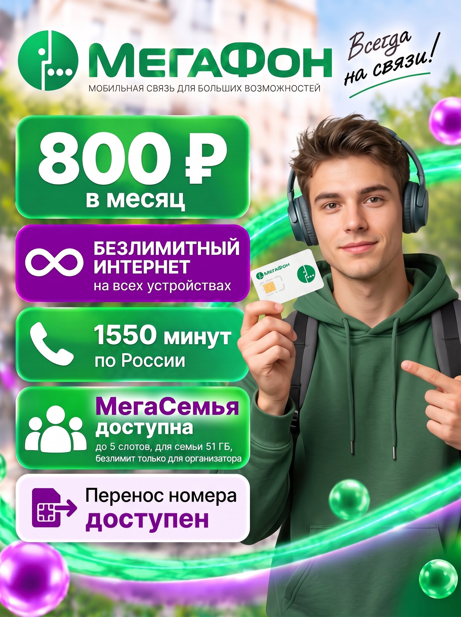 Сим-карта МегаФон Безлимитный интернет + 1550 минут | 800₽/мес | Для роутера, модема, камеры, смартфона | Перенос номера | МегаСемья
