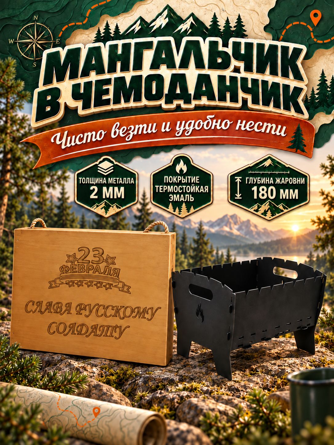 Мангал разборный, походный, подарочный в чемодане с гравировкой Русскому солдату , 39 30 30 см