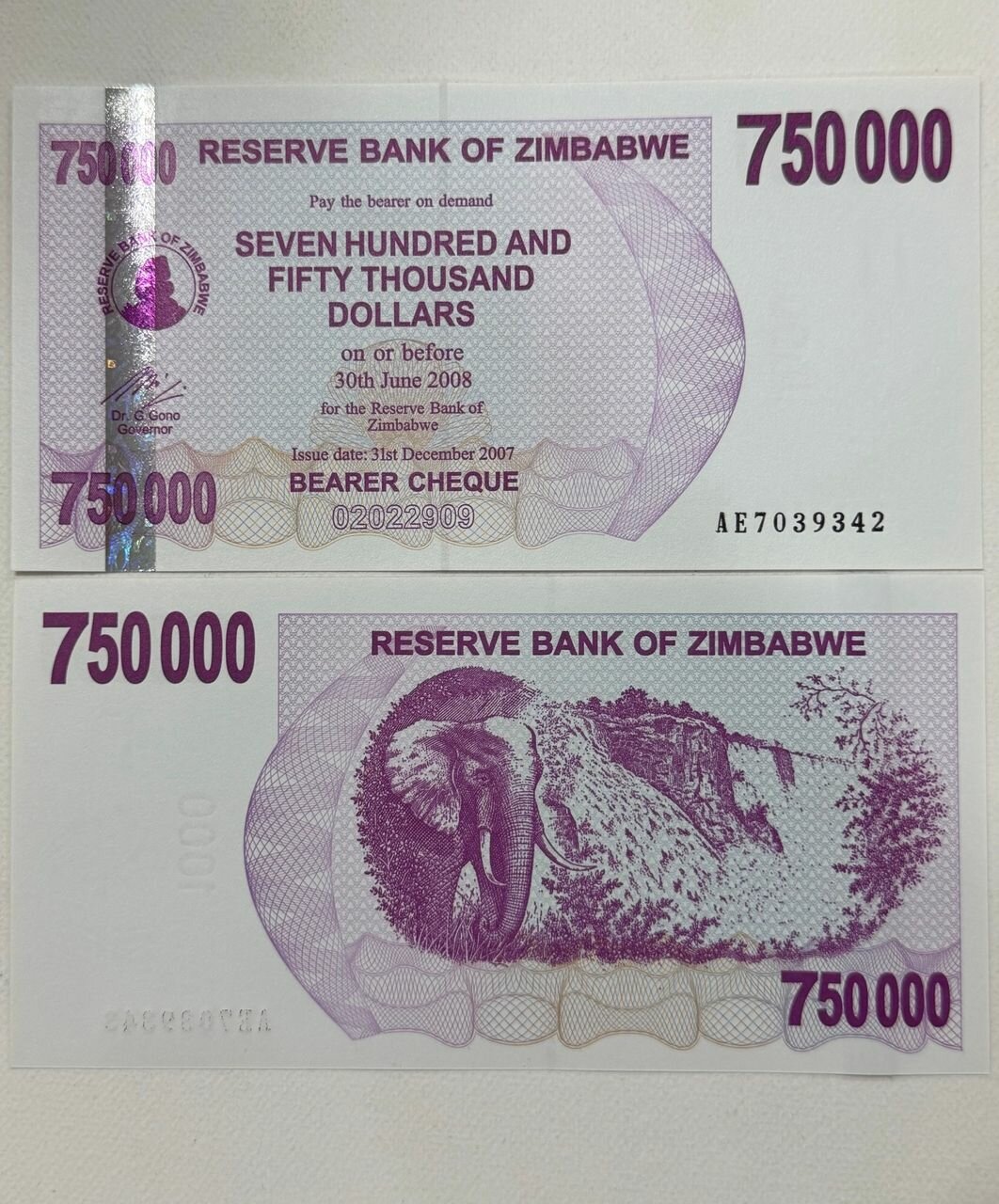 Зимбабве 750 000 долларов 2008г UNC