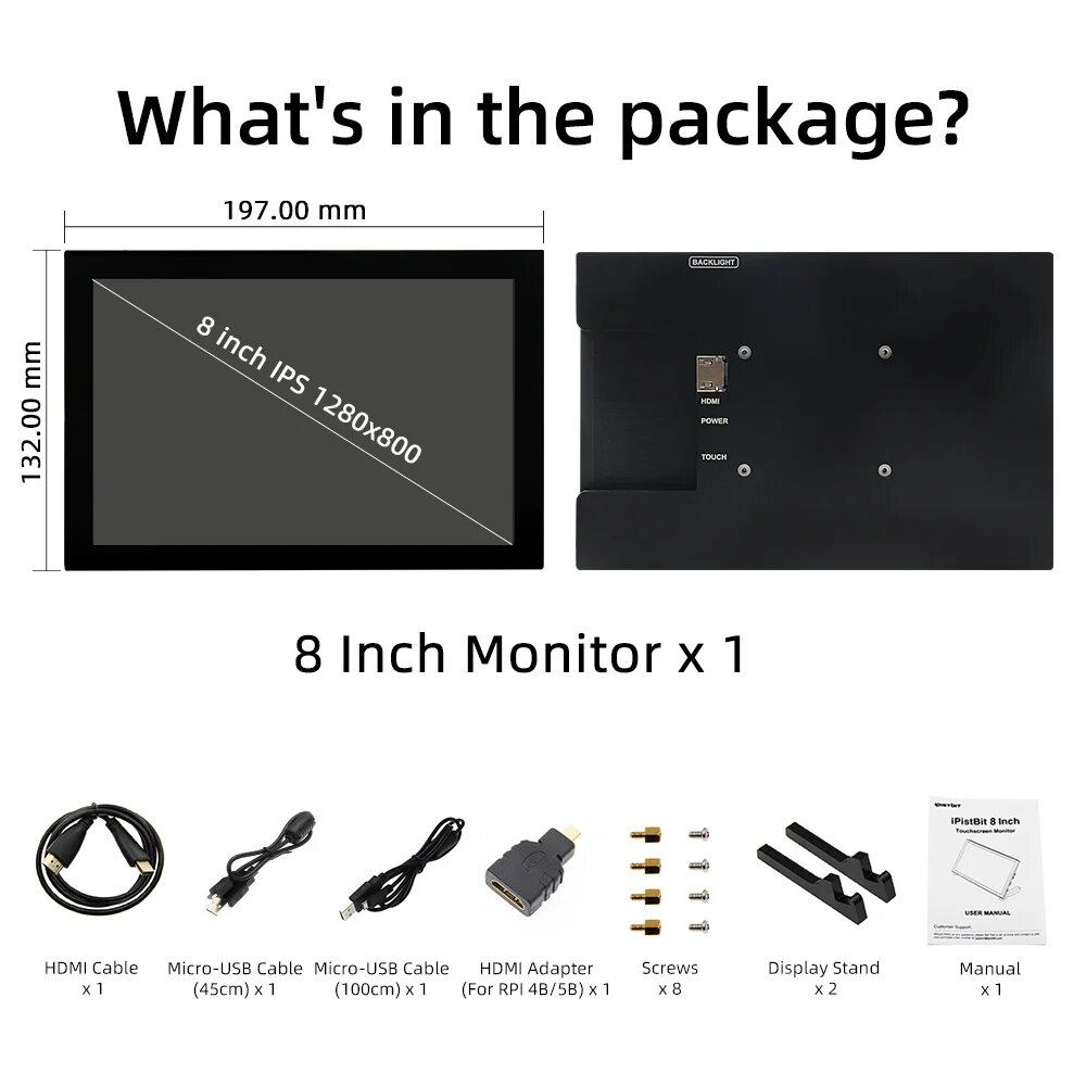 IPistBit 10,1-дюймовый IPS сенсорный экран 1280x800 для Raspberry Pi 8 inch