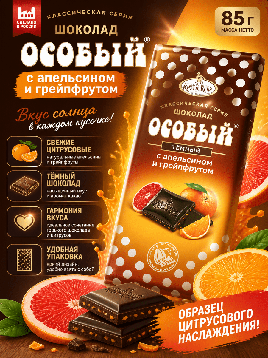 Шоколад особый с апельсином и грейпфрутом (Россия) 85г x 10 шт