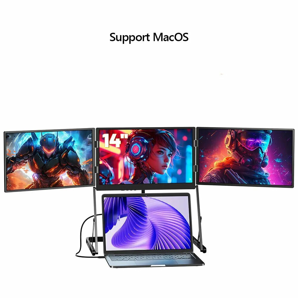 Портативный монитор Sibolan 14 дюймов с тремя экранами 60Hz 1200P 100%sRGB 360° складной внешний дисплей для ноутбуков, Windows и MacOS