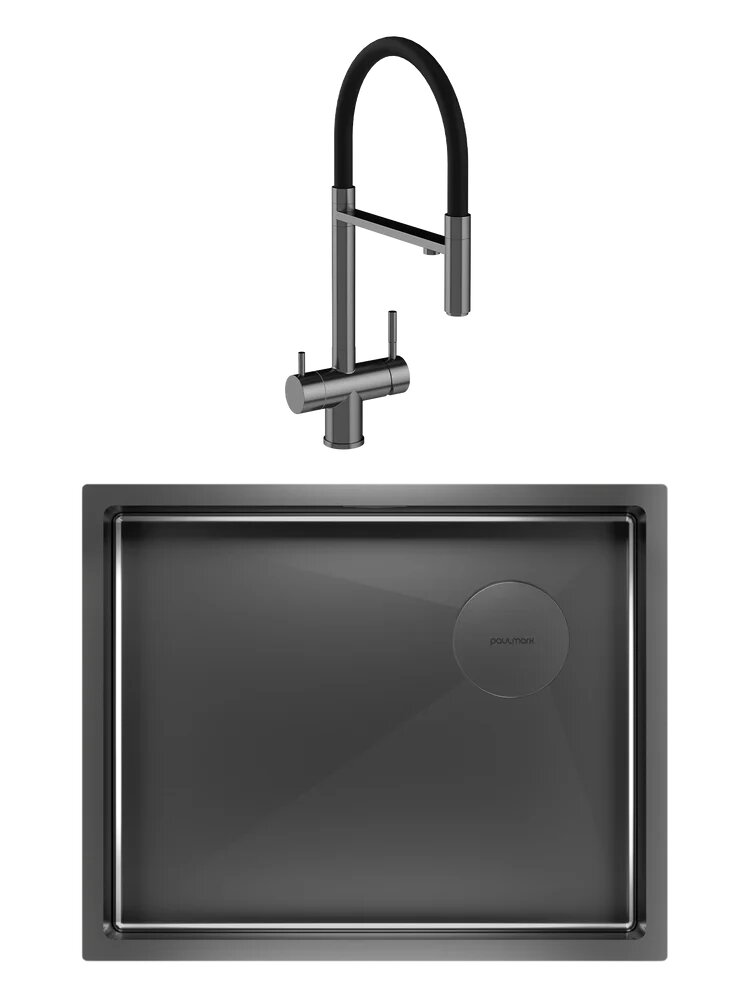 Комплект Мойка Paulmark Next-Skew PM885444-GM 54x44, вороненая сталь, нержавеющая сталь / Смеситель Domaci Ливорно D8644GB с гибким изливом, вороненая сталь, вороненая сталь