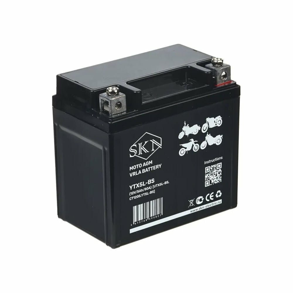 Аккумулятор стартерный для мототехники SKN YTX5L-BS (12V/5Ah/80A) [UTX5L-BS, CT1205, YT5L-BS] 025280
