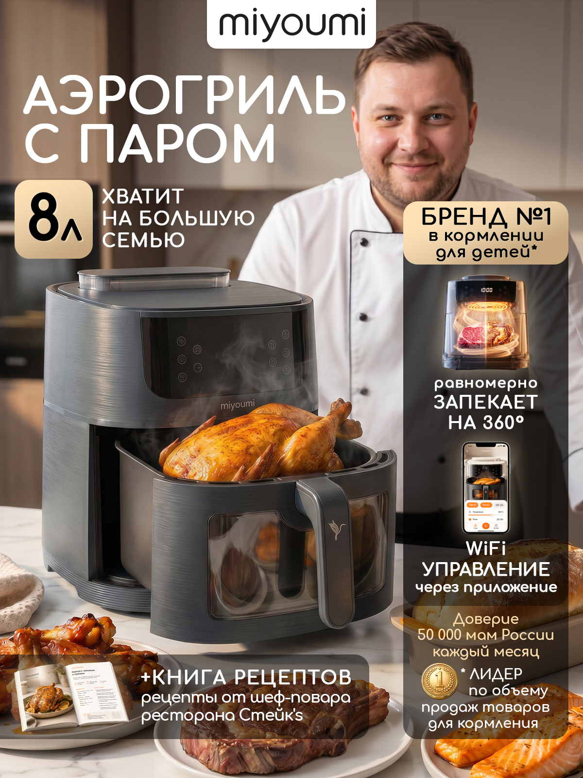 Аэрогриль Miyoumi Soft Cooking, 25 программ, 8л, Wi-Fi, регулировка температуры