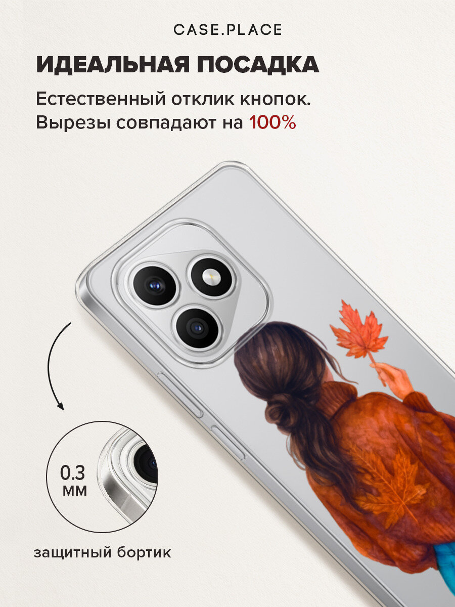 Чехол на Honor X8d / Хонор X8d с принтом Девушка с опавшим листом, прозрачный — фото 1