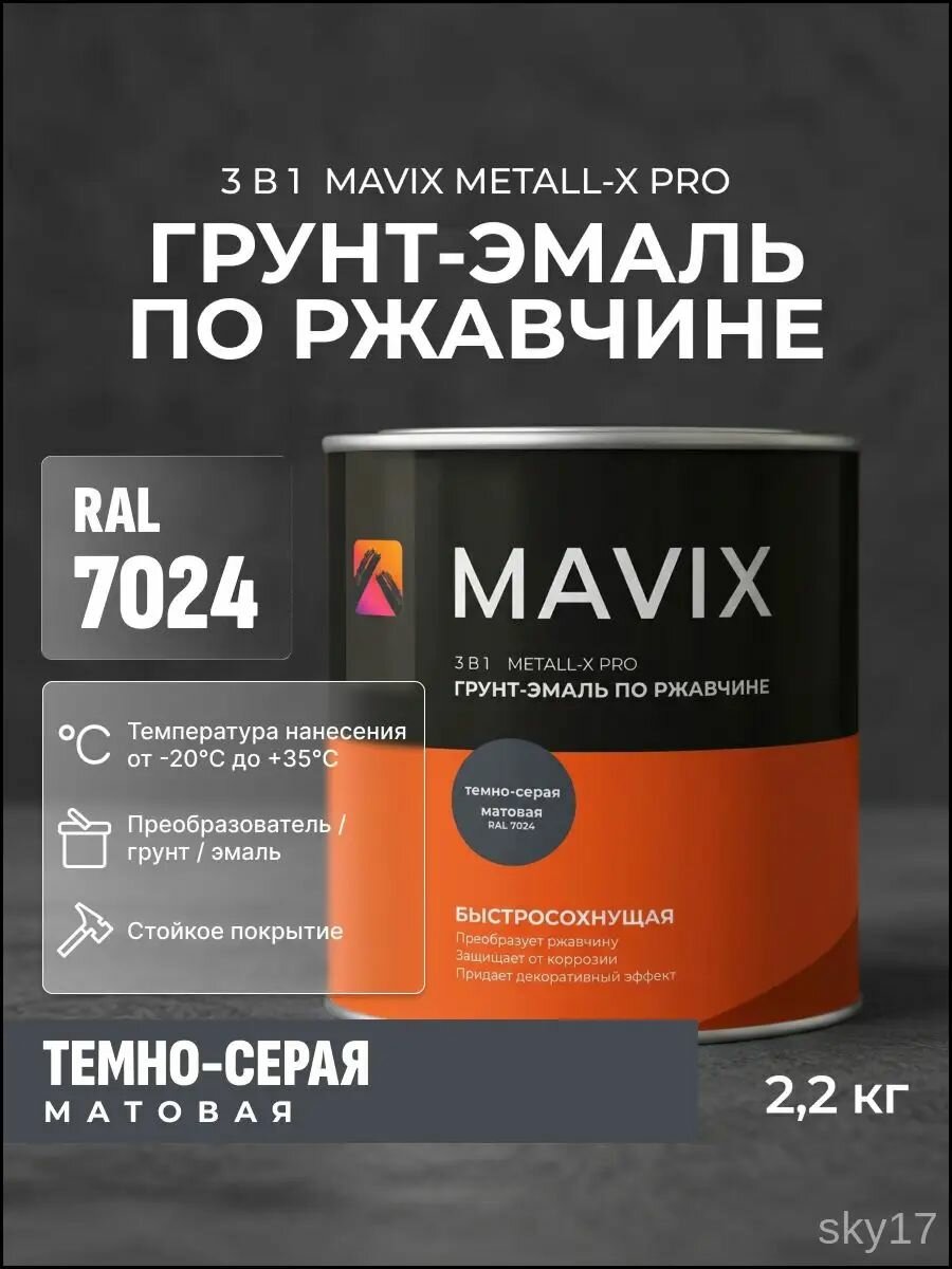 Грунт-эмаль 3в1 MAVIX, краска быстросохнущая, по ржавчине, по металлу, темно-серая матовая RAL 7024, 2,2 кг