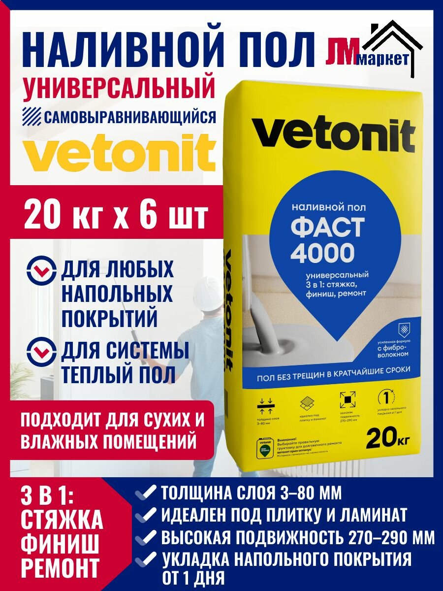 Наливной пол Vetonit фаст 4000 20 кг х 8 шт, универсальный, 3 в 1: стяжка, финиш + ремонт