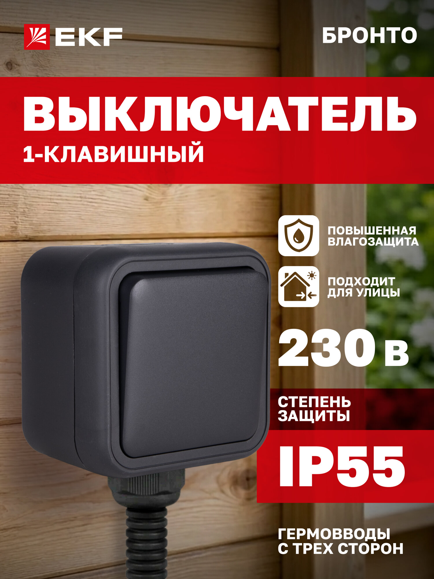 Выключатель EKF одноклавишный накладной уличный влагозащищенный, открытой установки, 10А, IP55, антрацит Бронто