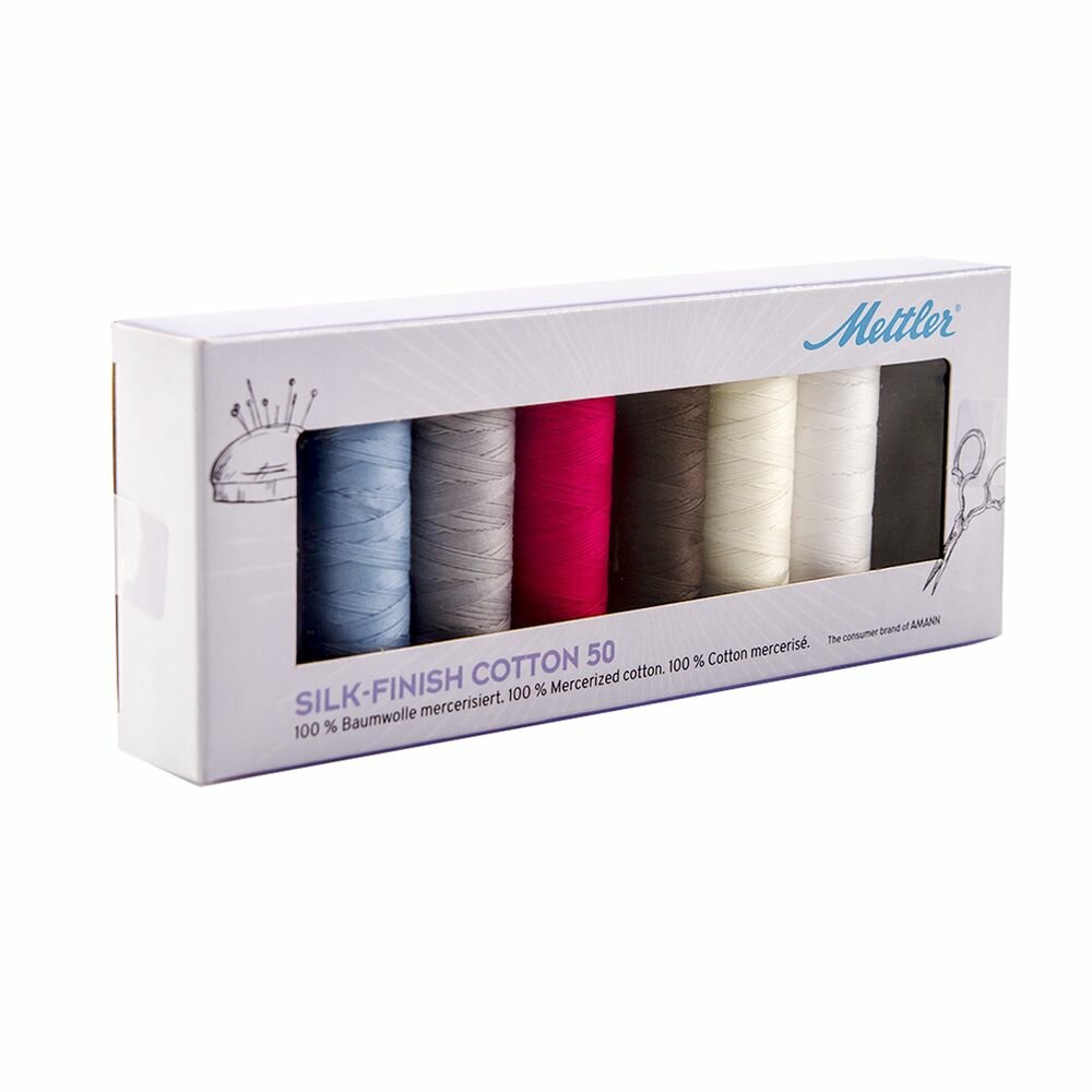 Набор ниток METTLER "Silk Finish", 8 катушек, цвета 0825, 0350, 0322, 0504, 1002, 2000, 3612, 4000, в подарочной упаковке