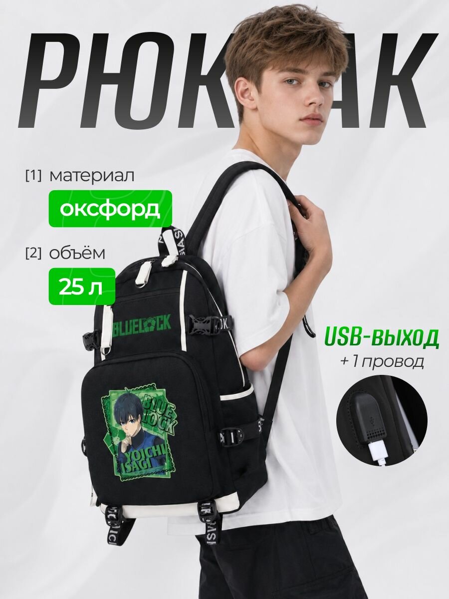 Рюкзак школьный Blue Lock Ёити Исаги, с USB-портом, 25 л, 47×30×15 см