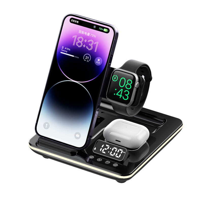 Док станция для беспроводной зарядки 5 в 1 для телефонов IPhone, Samsung, Xiaomi, а также часов и наушников Apple. Цвет черный