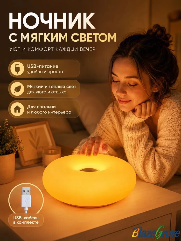 Пончики, триколор, светодиодные лампы на тумбочке