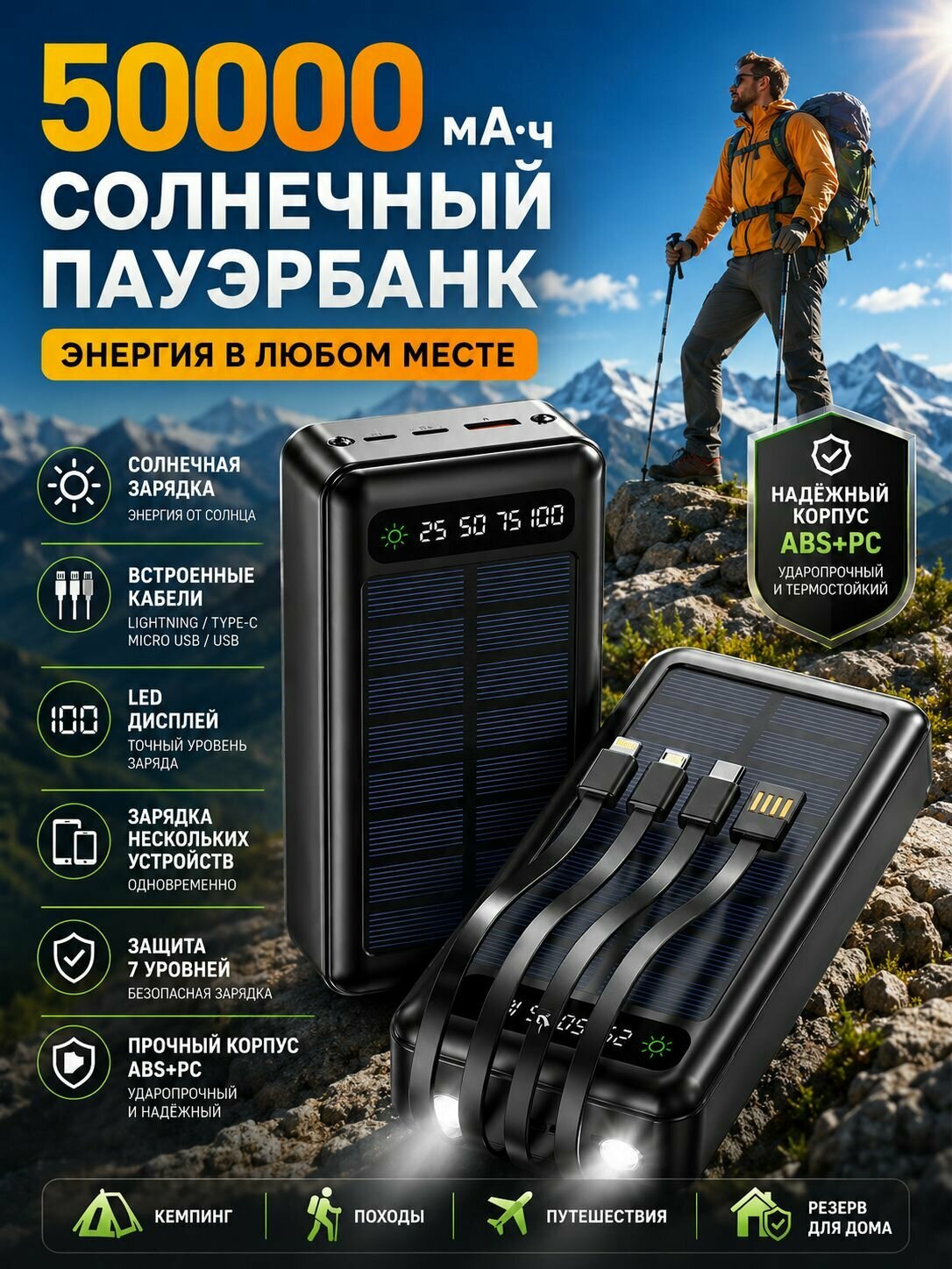 Внешний аккумулятор Повербанк 50000 mAh 22.5W, быстрая зарядка для iPhone и Android, Type-C, черный