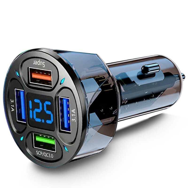 Автомобильное зарядное устройство 4 USB порта 120W с цифровым дисплеем, прозрачный корпус, быстрая зарядка для смартфонов