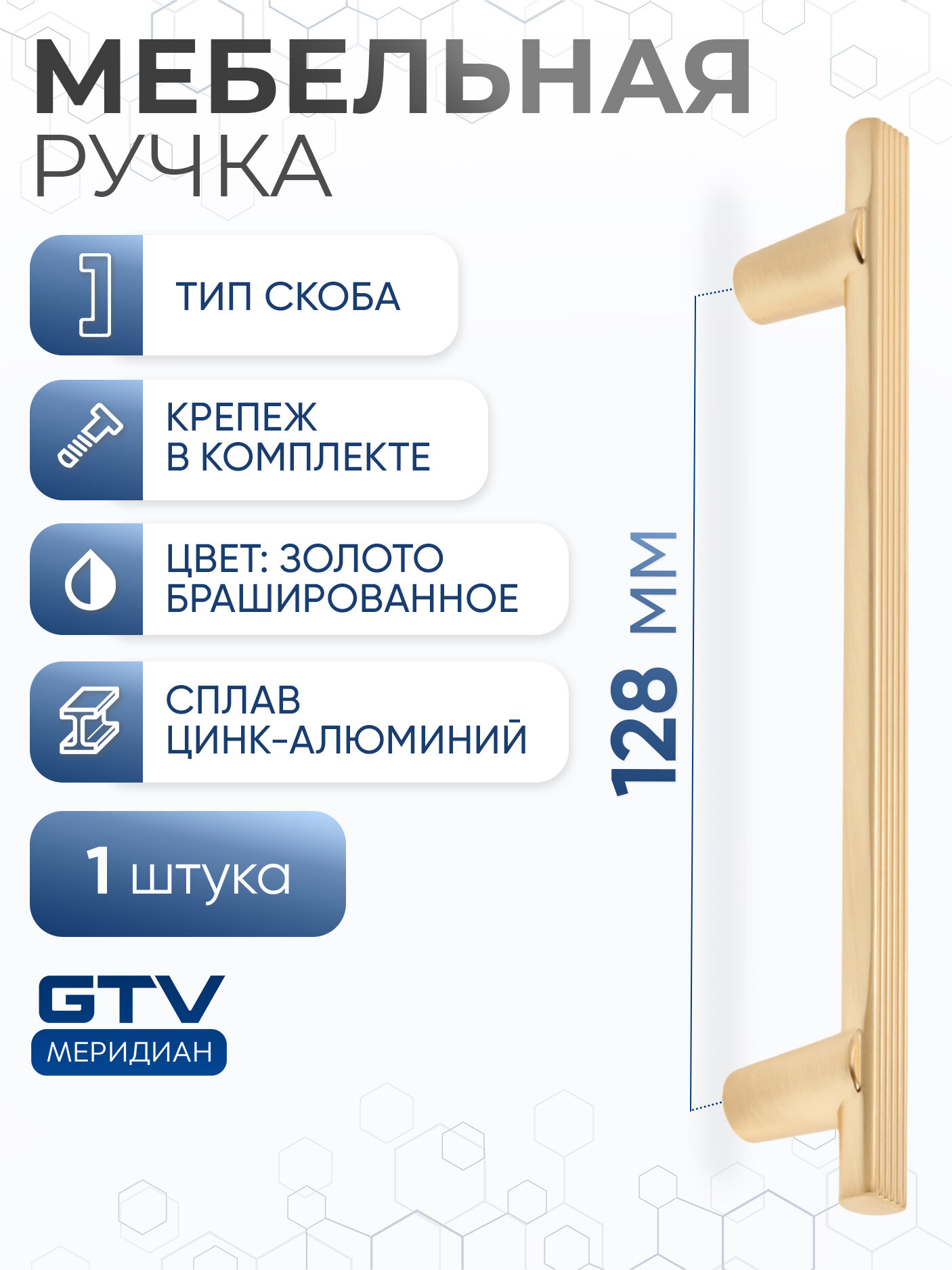 Ручка мебельная скоба алюминиевая 128 мм RAY брашированное золото 1 шт