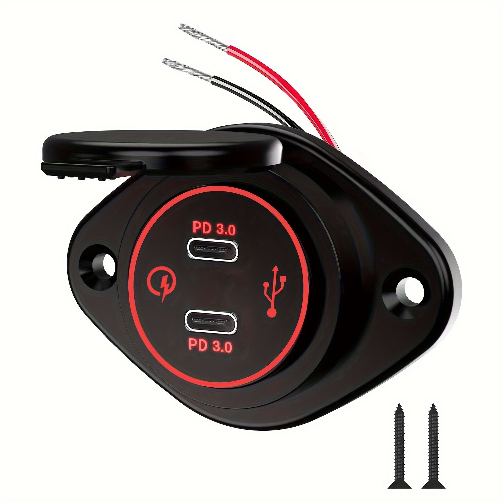 Автомобильное зарядное устройство Dual USB с быстрой зарядкой PD3.0, разъем Type-C, настенное крепление, 12–24 В, с крышкой, для авто, кемперов, лодок, катеров, грузовиков, мотоциклов и автобусов, красный свет
