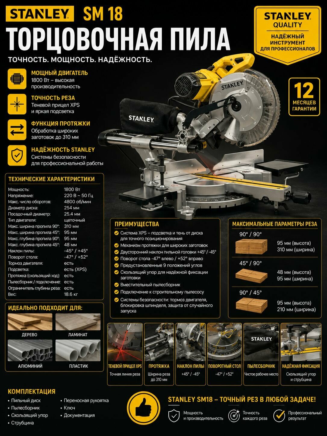 Торцовочная пила Stanley SM18 с протяжкой