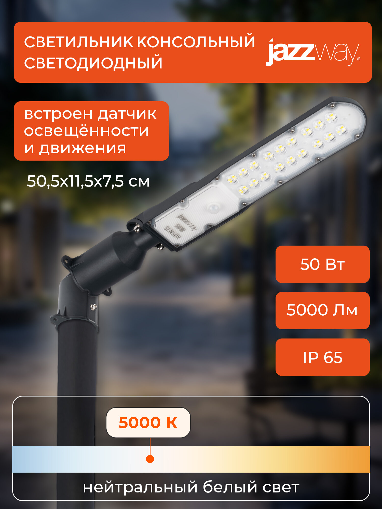 Светильник уличный консольный Jazzway PSL 09 50W 5000K с датчиком освещенности и движения