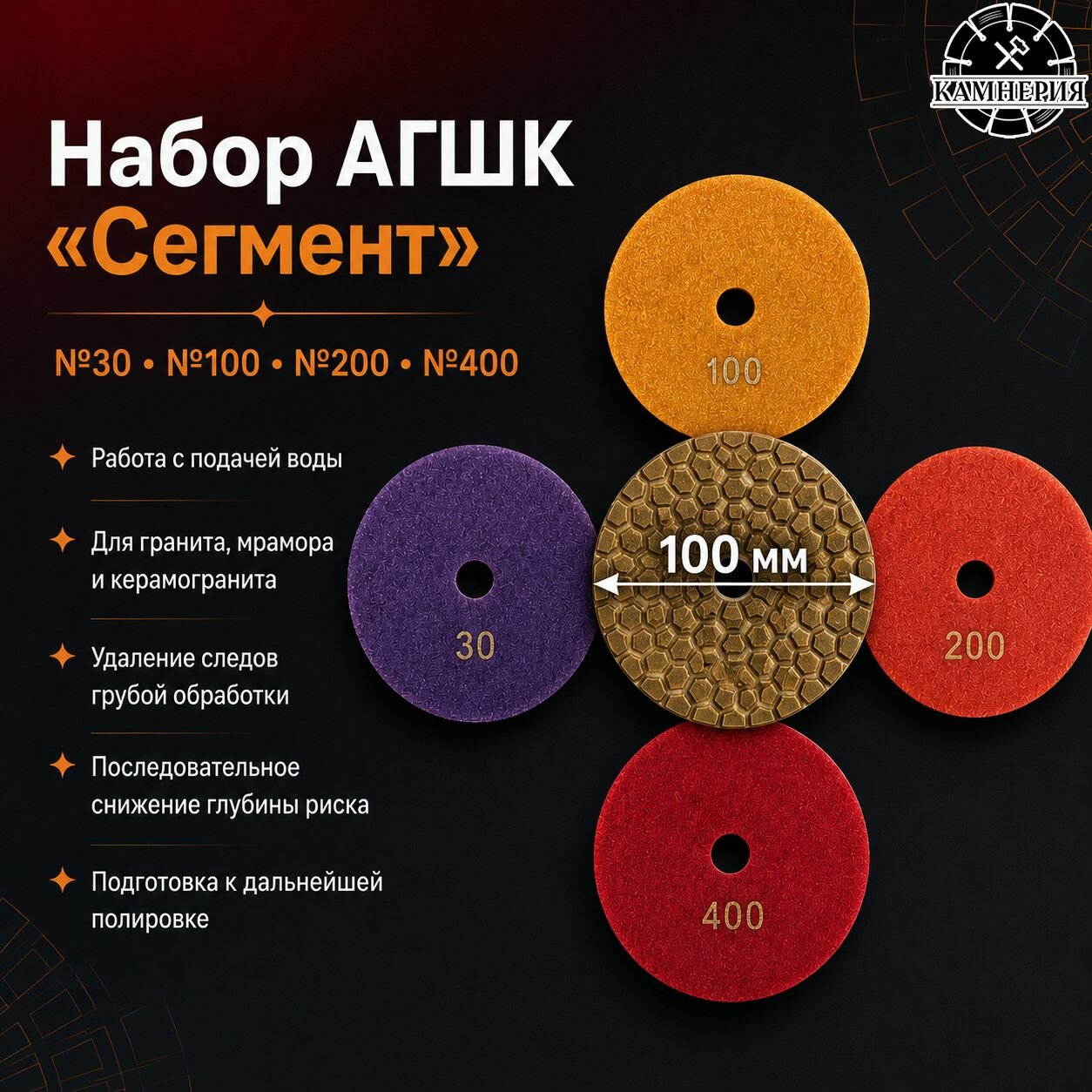 Набор АГШК Сегмент для интенсивной шлифовки камня, гранита и мрамора, диаметр 100 мм