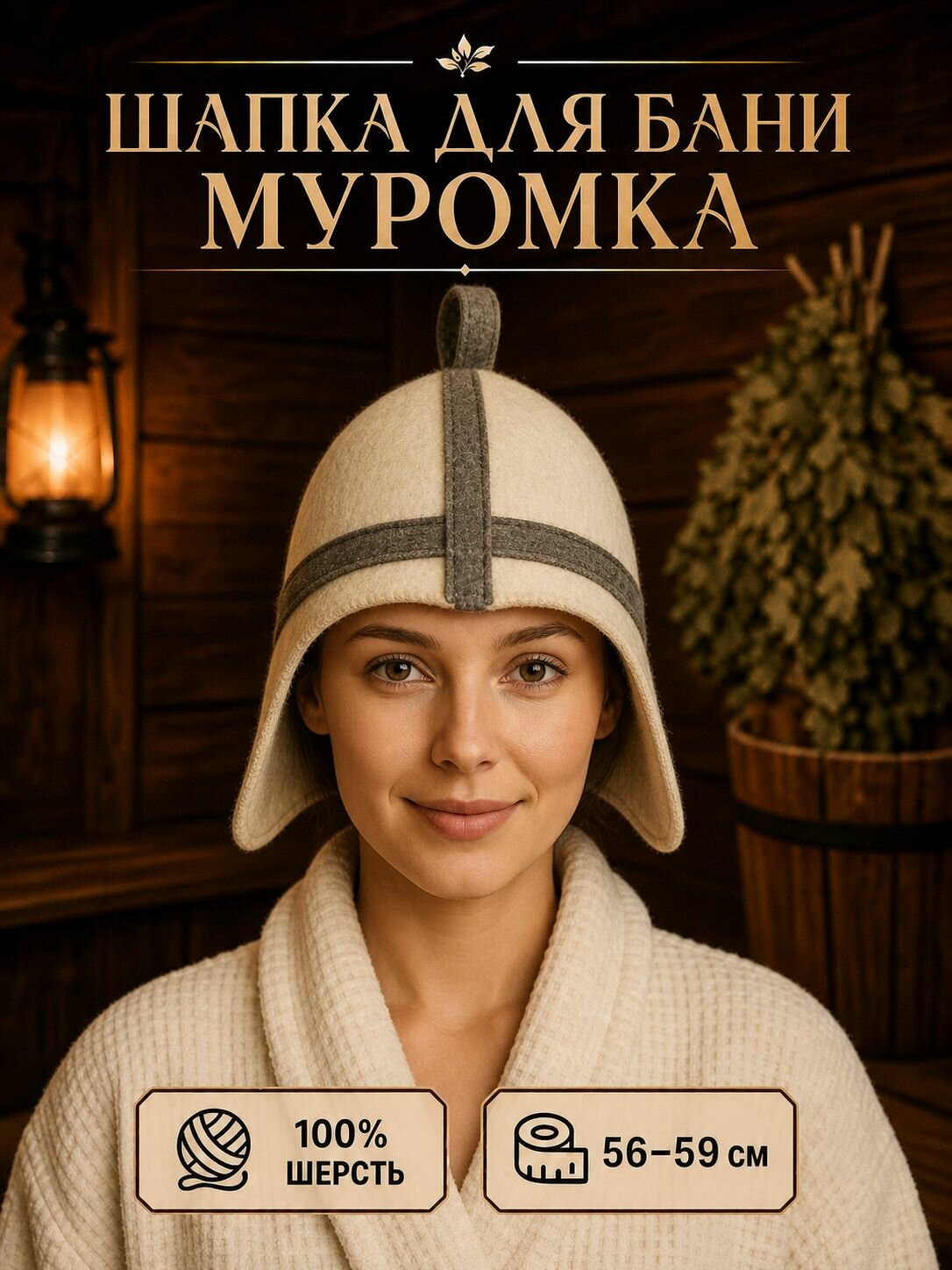 Шапка для бани и сауны Муромка, войлок 100% шерсть, размер 5659, бежевая с серой отделкой m-lotos