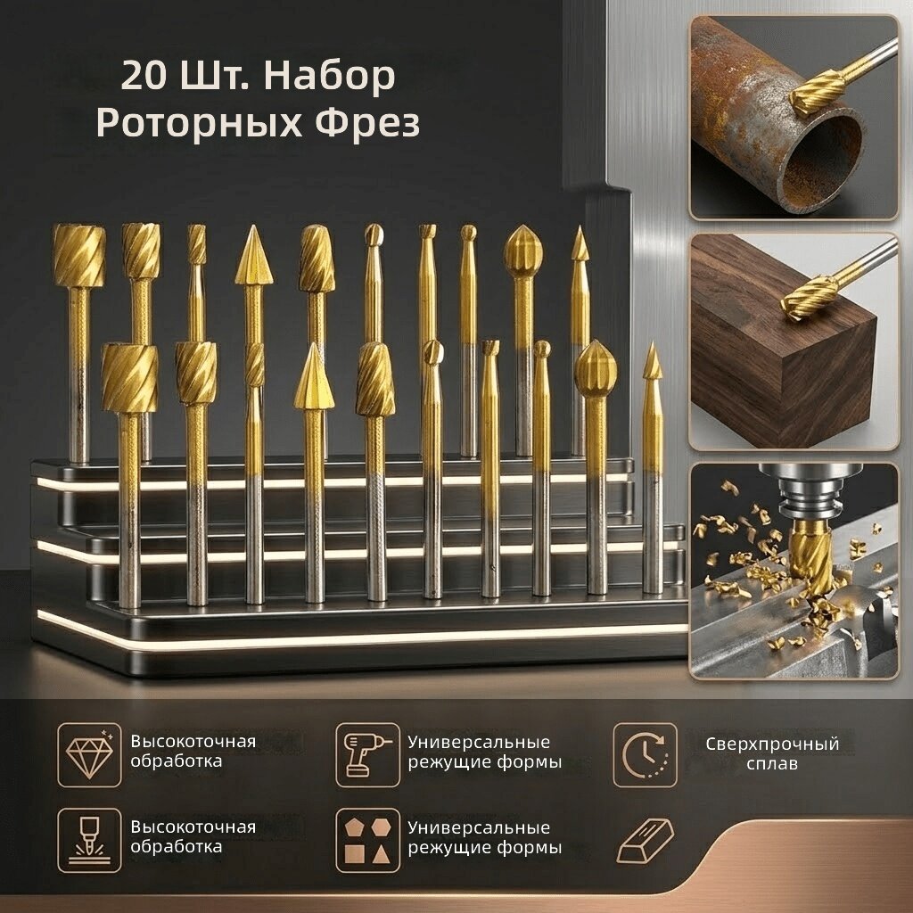 Набор ротационных борфрез одинарной насечки 20 шт, золотая прецизионная версия, для шлифовки, полировки и гравировки дерева, камня, плитки, металла