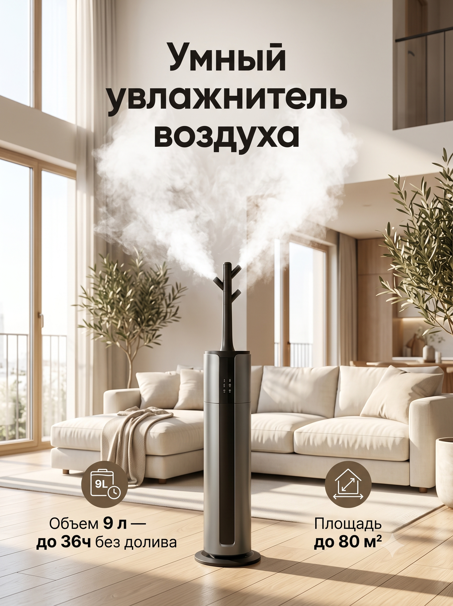 Напольный умный увлажнитель воздуха, аромадиффузор с верхним заливом, УФ стерилизация, 9 литров