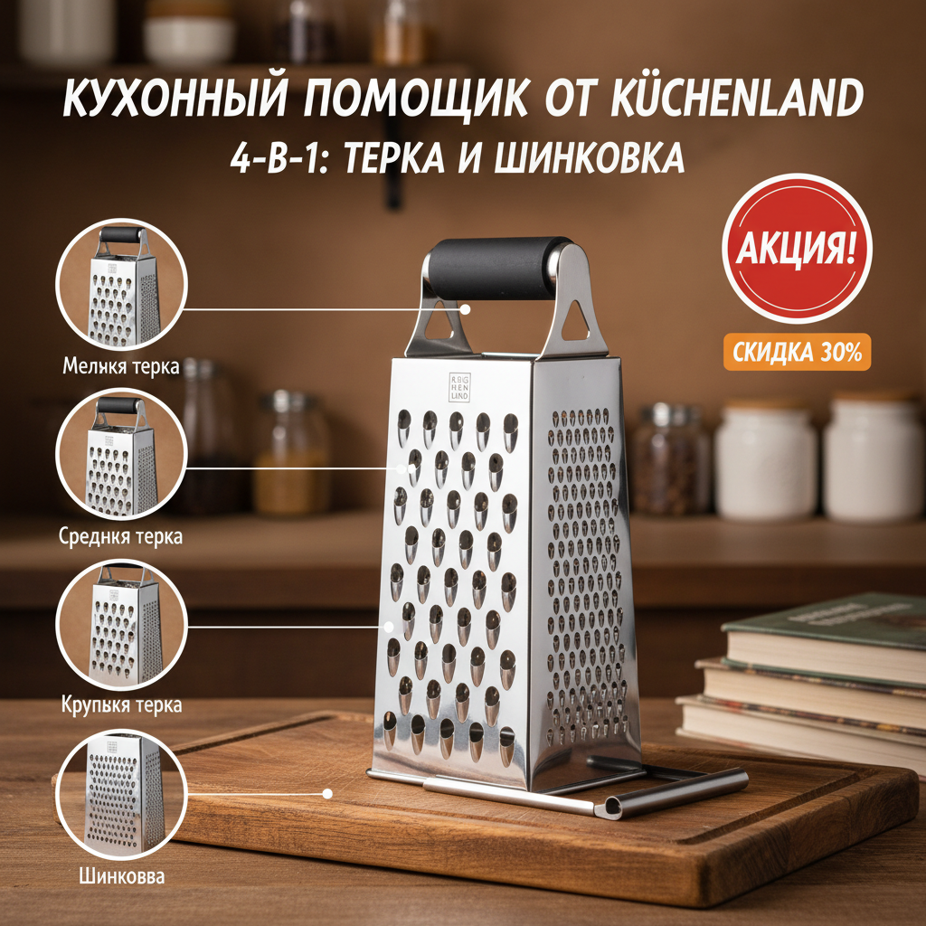 Ручная терка 24 см черная четырехсторонняя кухонная