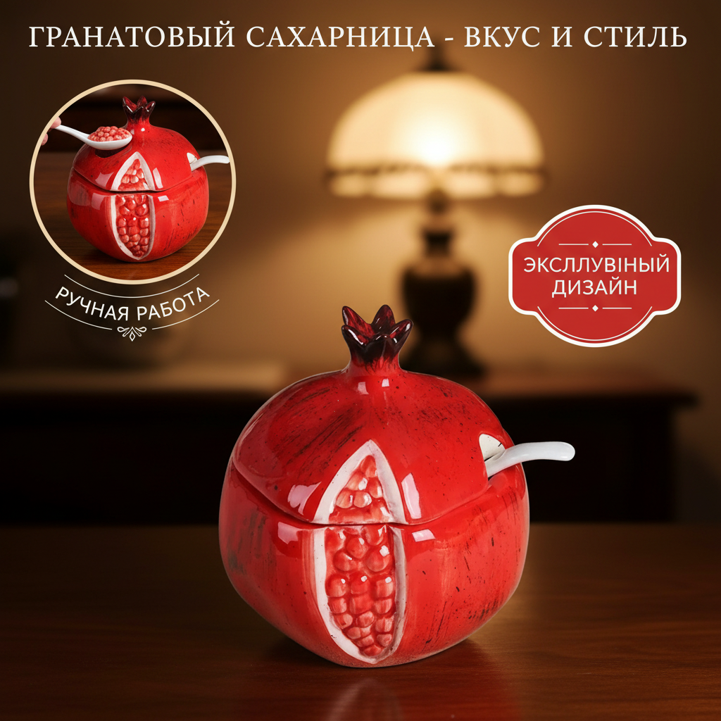 Сахарница керамическая в виде граната с ложкой, красная, диаметр 9 см, 1 шт