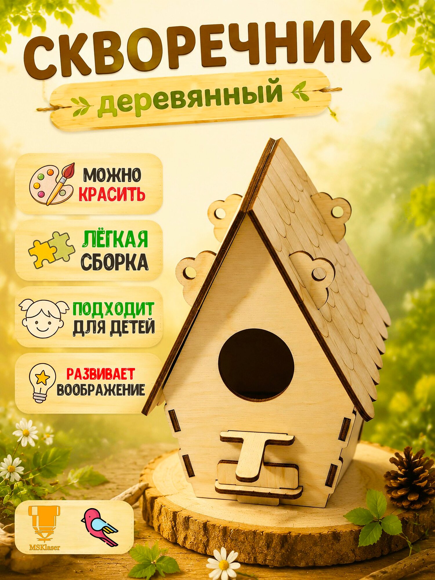 Скворечник для птиц уличный с декором