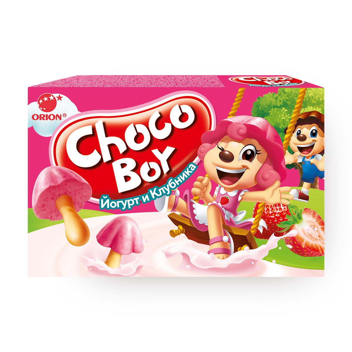 Печенье Orion Choco Boy, сахарное, с глазурью, с йогуртом и клубникой, 40 г