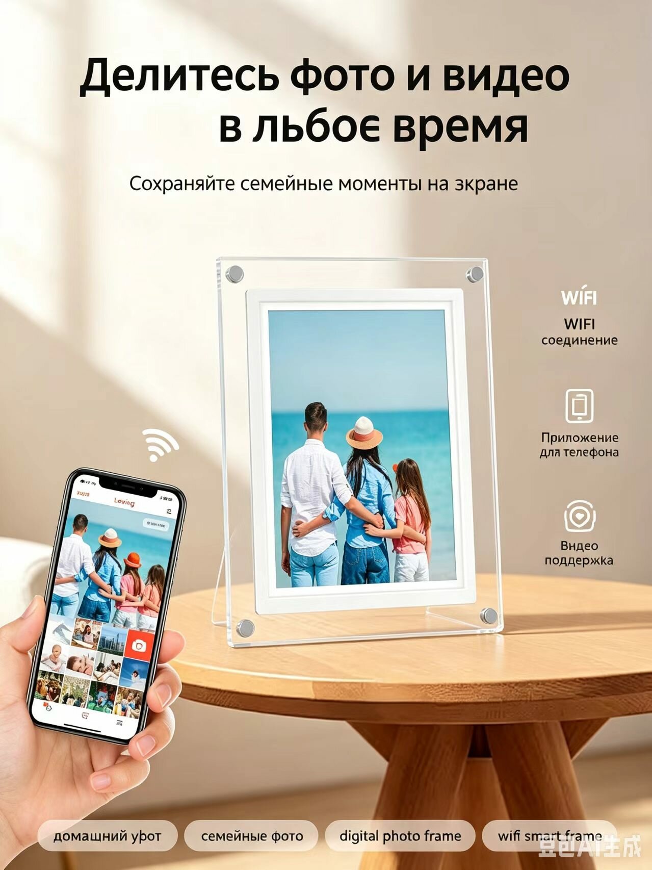 Цифровая фоторамка, с WiFi, сенсорный экран 10,1", встроенная память