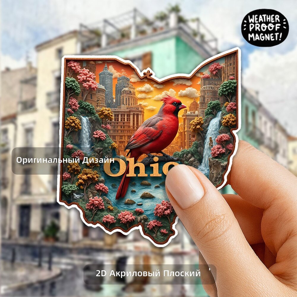 2D плоский акриловый магнит на холодильник с тематикой Огайо, карта Огайо с изображением птицы кардинал и достопримечательности Колумбуса, сильный магнит, подходит для посудомоечной машины, 1 шт.