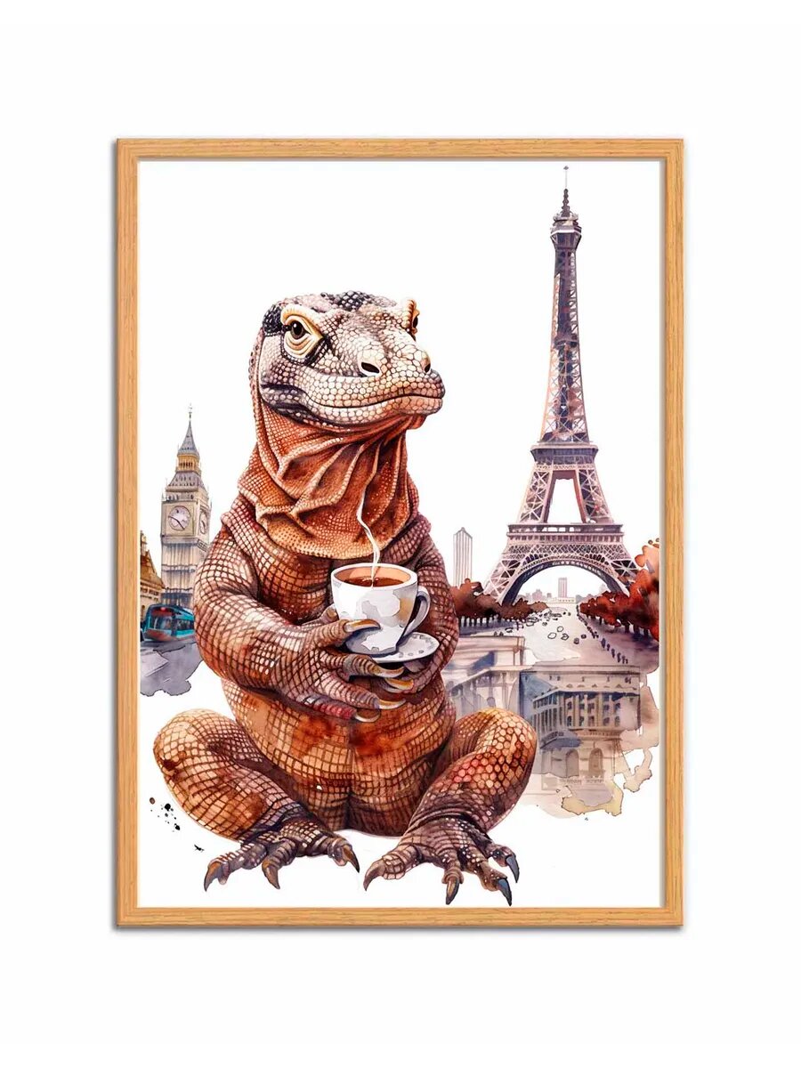 Комодский дракон-животное-гангстер пьет кофе 1, Плакат 30x4