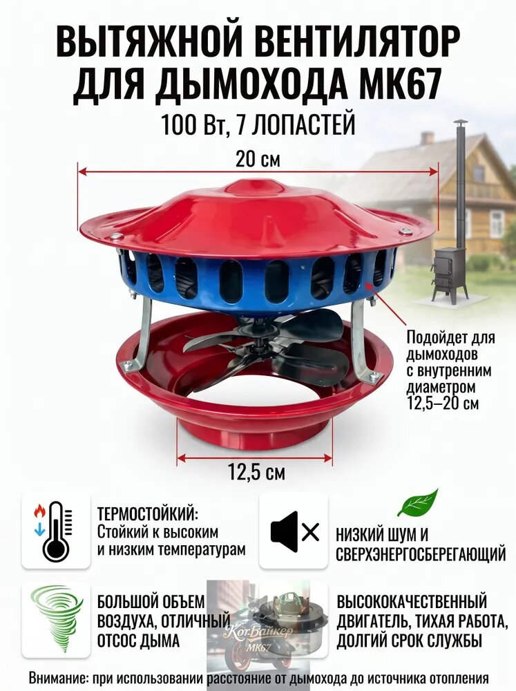 Вытяжной вентилятор MK67 100 Вт, 7 лопастей, 20 см, для дымоходов