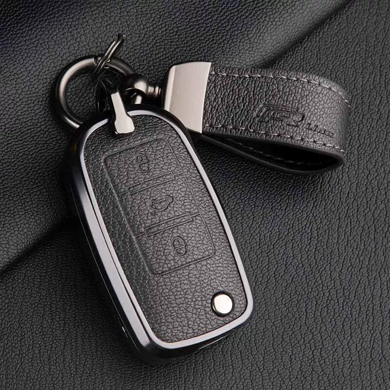 Чехол для ключей Volkswagen из натуральной кожи козы, бирка с R-логотипом, темно-черный цвет