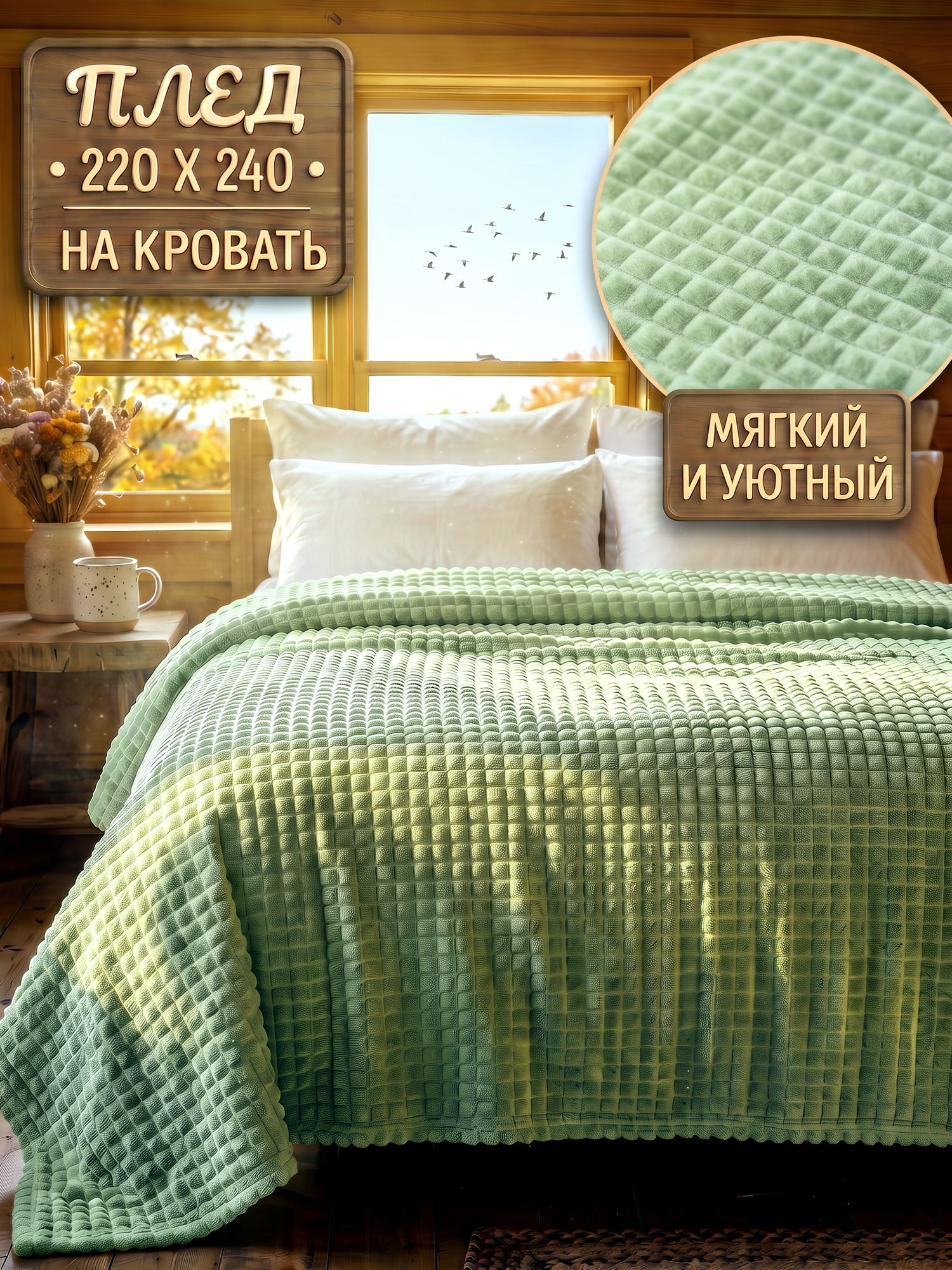 Плед 220х240 Павлина Супер Софт SKANDI Кубики (оливковый), велсофт