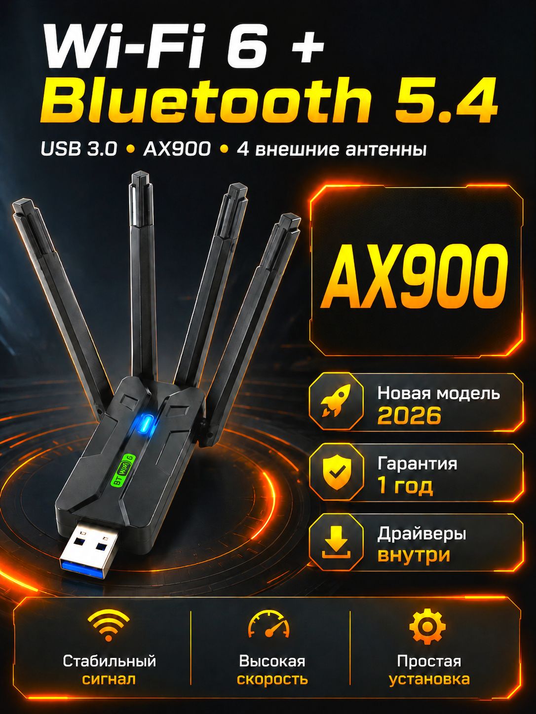 Wi fi USB Вай фай адаптер для ПК компьютера с Bluetooth 2в1 WiFi 6 + Bluetooth 5.4 мощный /Wi-Fi для ноутбука / свисток флешка юсби для интернета