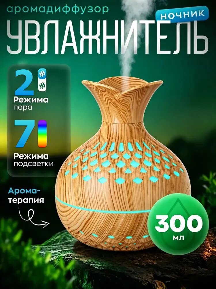 Увлажнитель воздуха 300мл ультразвуковой, аромадиффузор с RGBночником, деревянный узор, тихий USB увлажнитель для дома и спальни, аромалампа