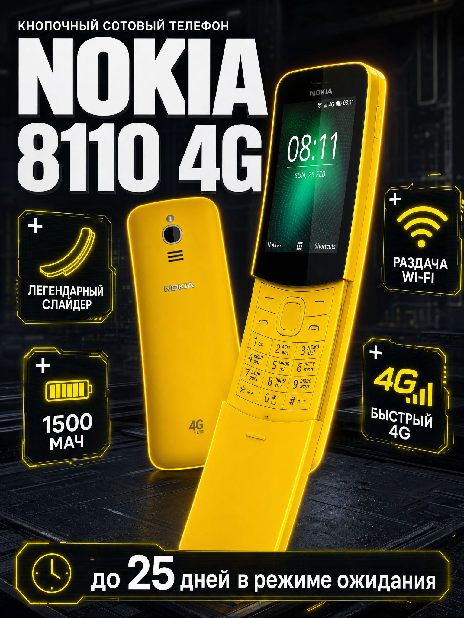 Мобильный телефон Nokia 8110 4G, Dual SIM, Русская клавиатура, Wi-Fi и GPS, 4G LTE соединение, 2.8 дюйма, аккумулятор 1500 мАч, бронза