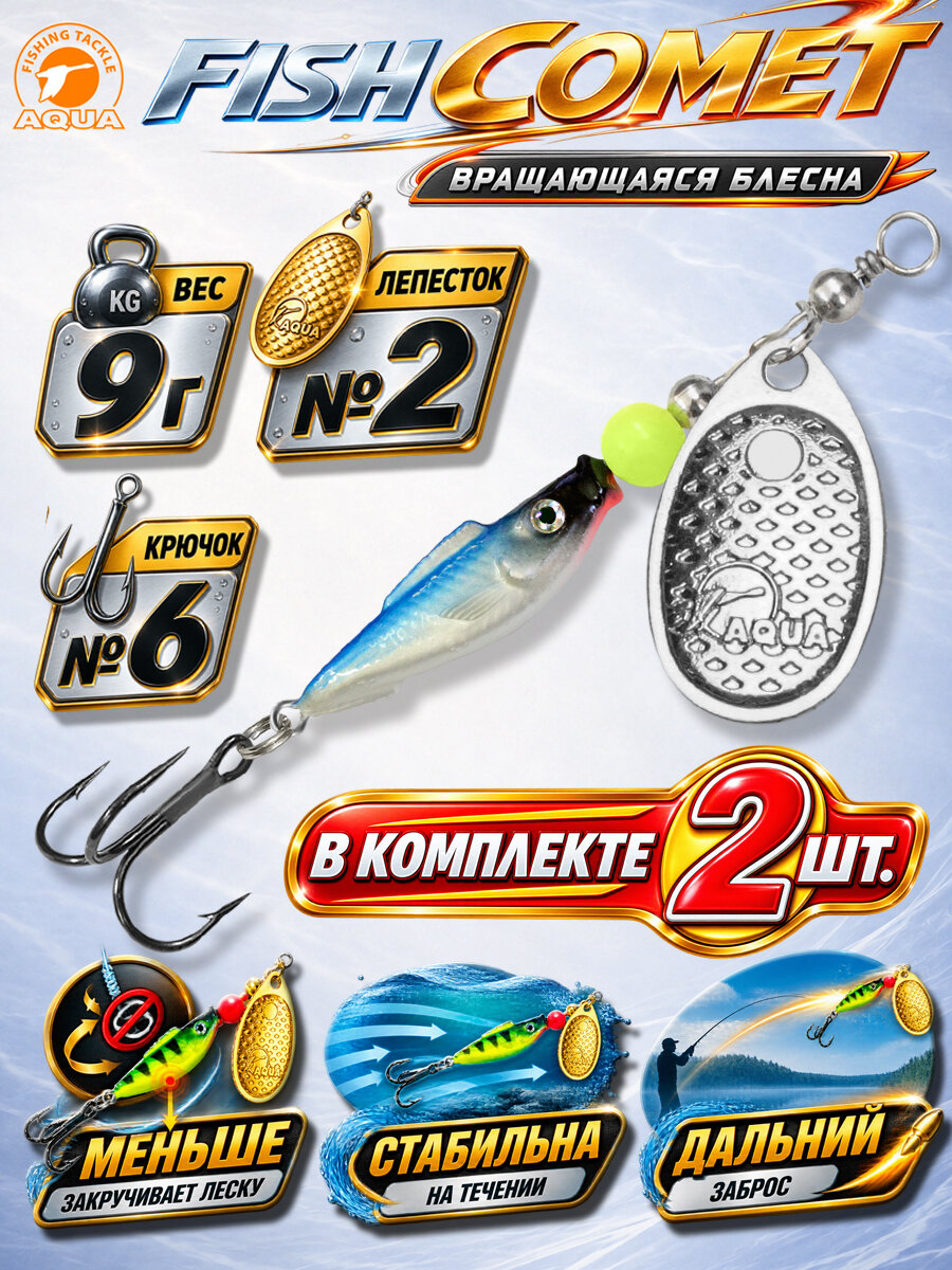 Блесна вертушка для рыбалки AQUA Fish Comet-2 9g цвет 06 2шт