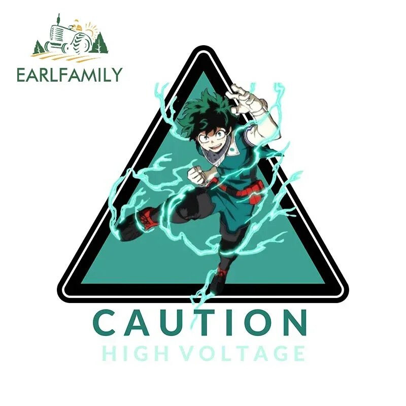 EARLFAMILY 13 см x 10,7 см Наклейка на автомобиль Deku Caution High Voltage, мультяшная наклейка Midoriya Izuku, декор для багажника JDM
