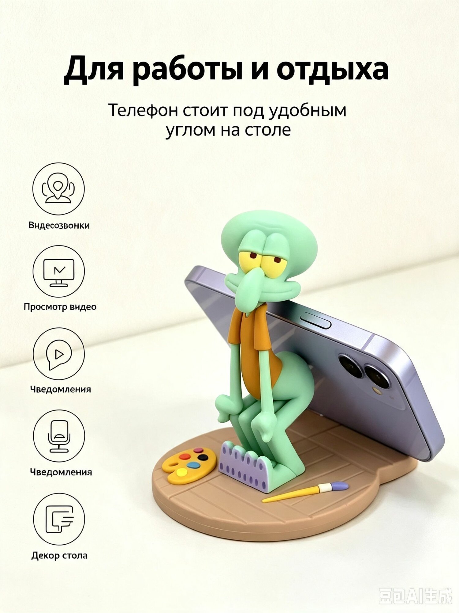 Подставка для телефона Сквидвард фигурка держатель для смартфона на стол пластиковая, 1 шт