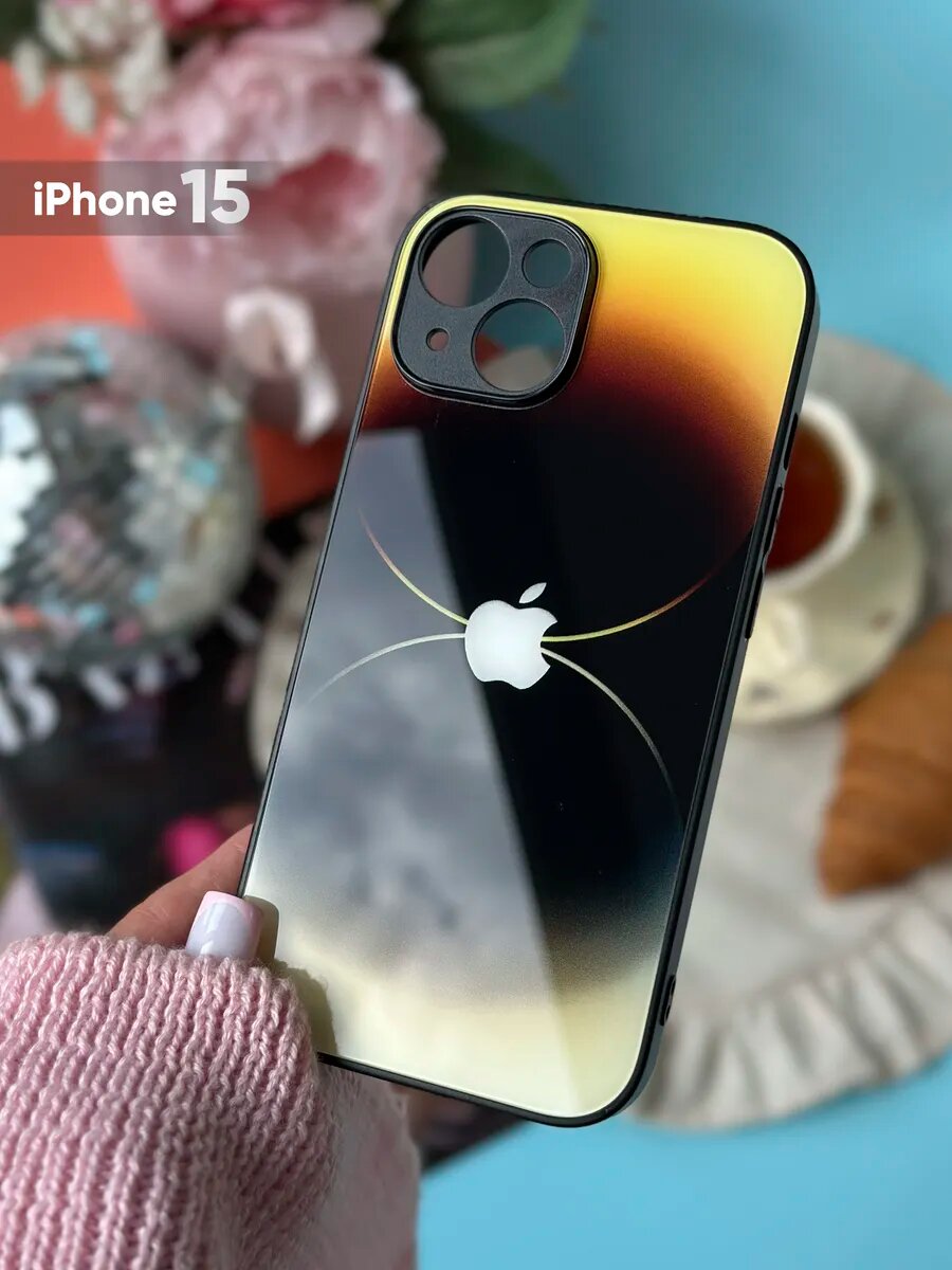 Чехол для iPhone 15 стеклянный с принтом, защитная накладка для телефона