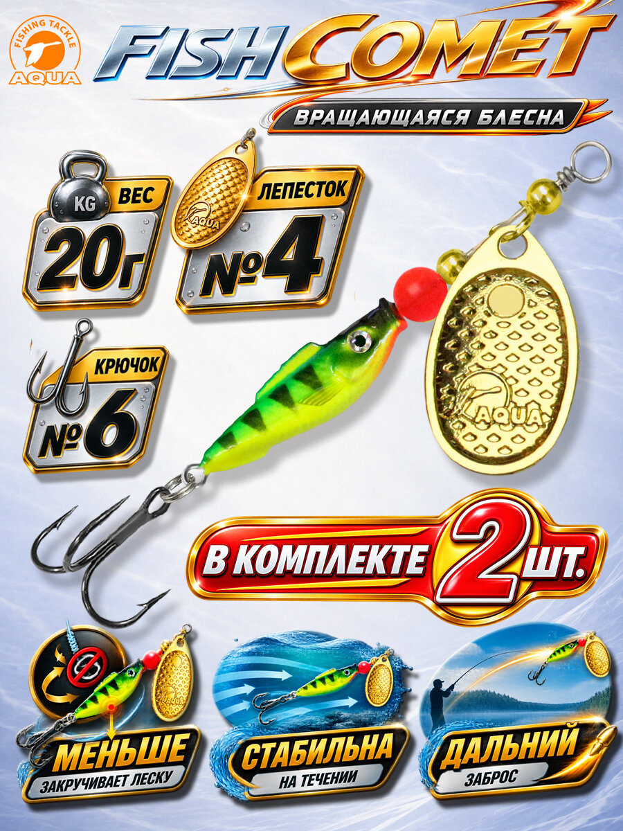 Блесна вертушка для рыбалки AQUA Fish Comet-4 20g цвет 62 2шт