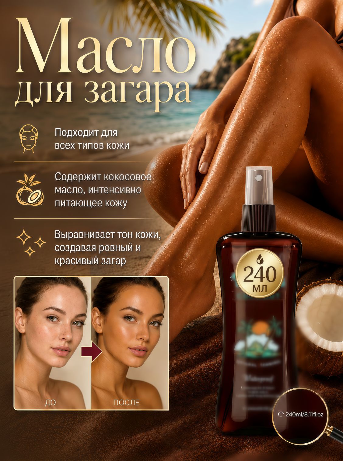 Масло для загара на солнце, Крем для загара на солнце, 240мл