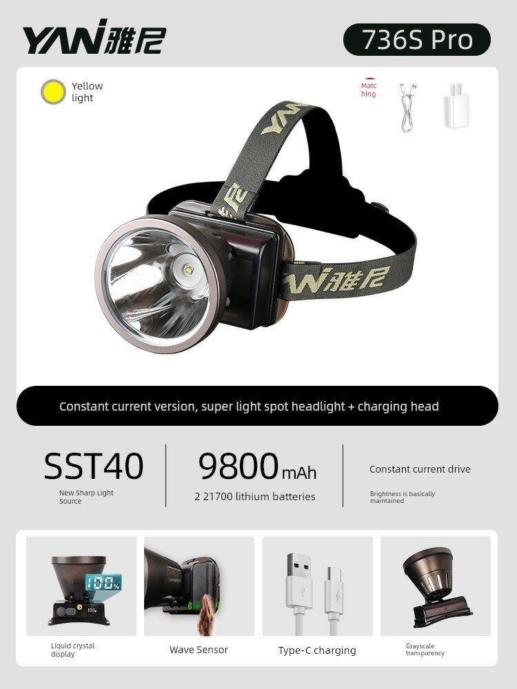 Фонарь на голову 736SPro желтый свет SST40 батарея 21700 плюс сетевой зарядный адаптер