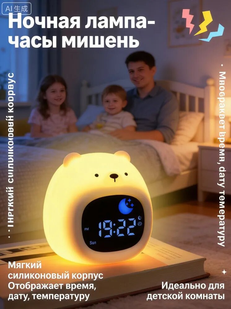 LekHome Ночник детский Мишка с часами и будильником, 3 режима подсветки
