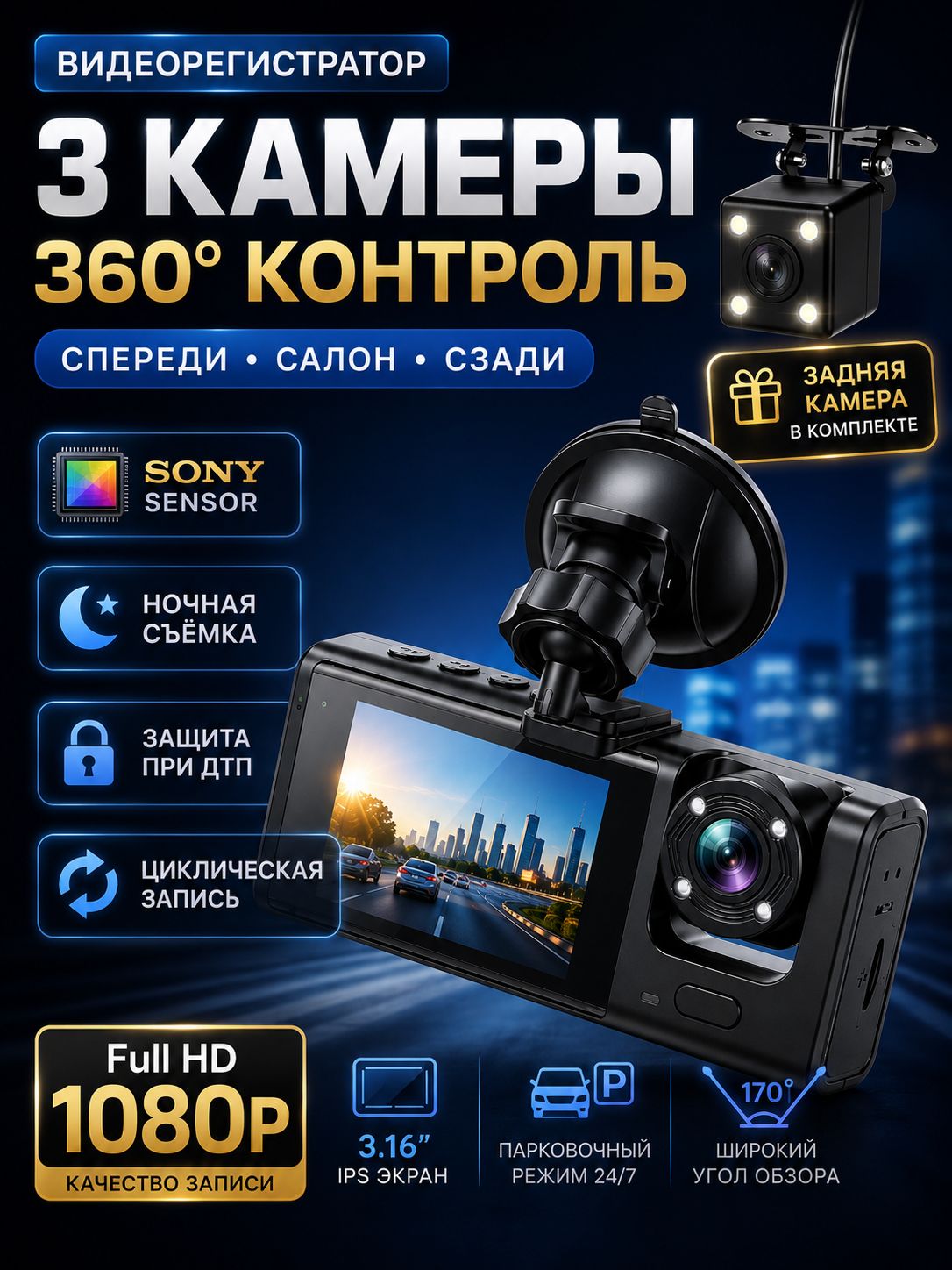 Видеорегистратор автомобильный 3 камеры Full HD, камера заднего вида, ночное видение, G-сенсор, циклическая запись, регистратор в машину