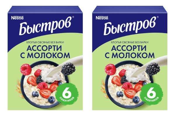 Каша быстров ассорти овсяная клубника, малина, лесные ягоды без варки 6 шт, 240 г, 2 уп.